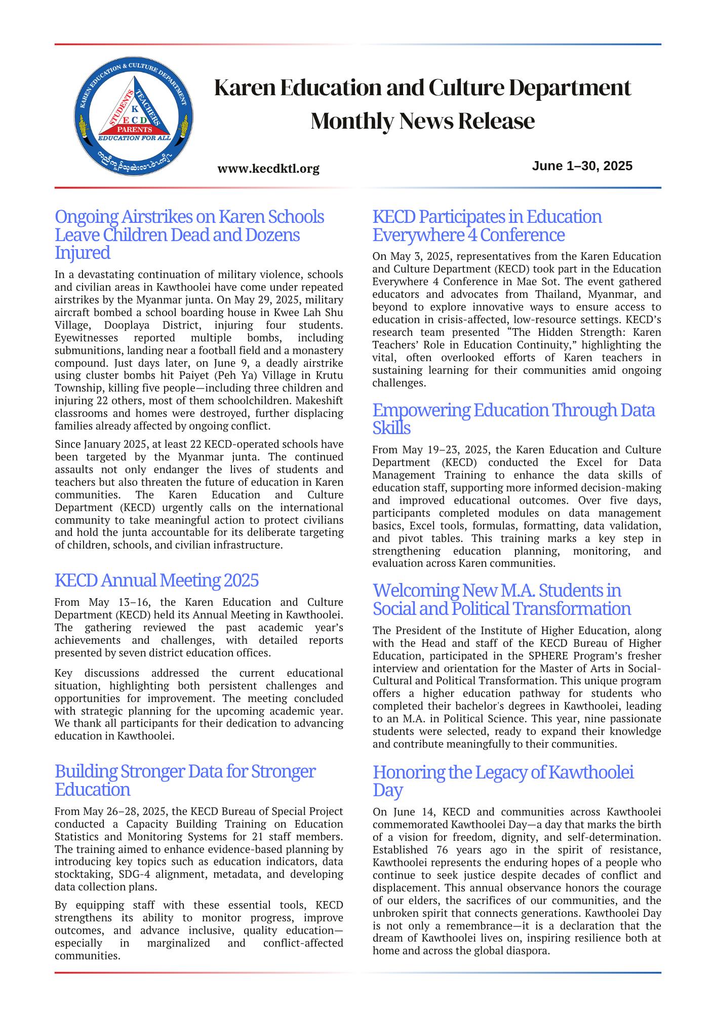 KECD | Karen Education and Culture Department » Monthly news release ...