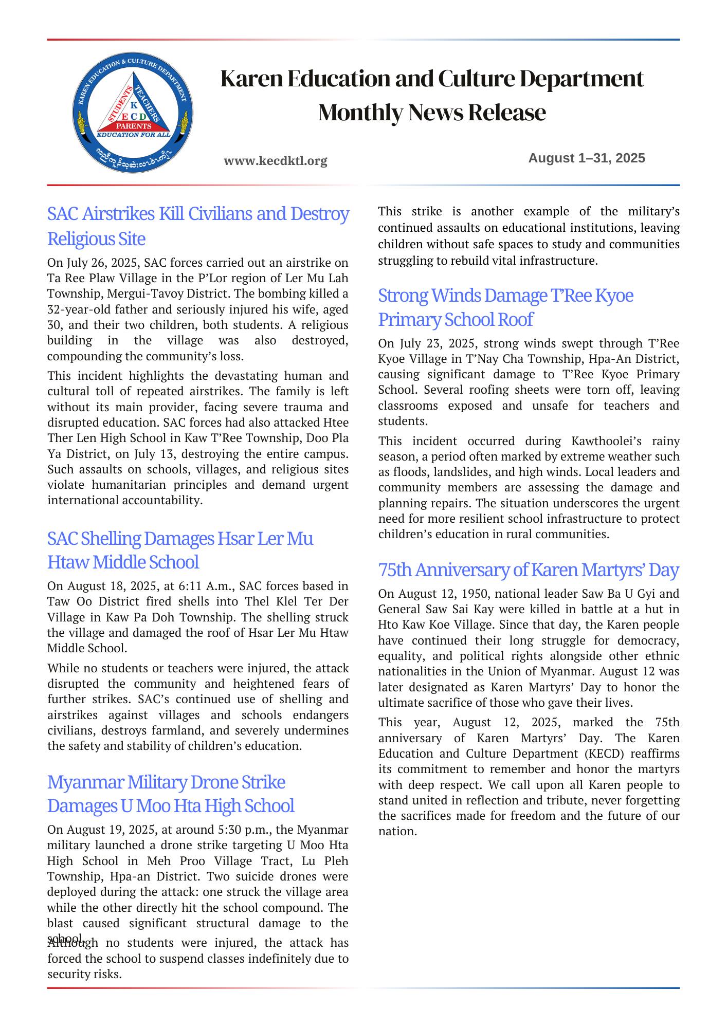 KECD | Karen Education and Culture Department » Monthly News Release ...